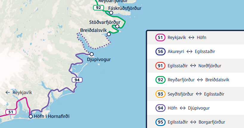 East fjords: Summer schedule on bus line 94 – Strætó